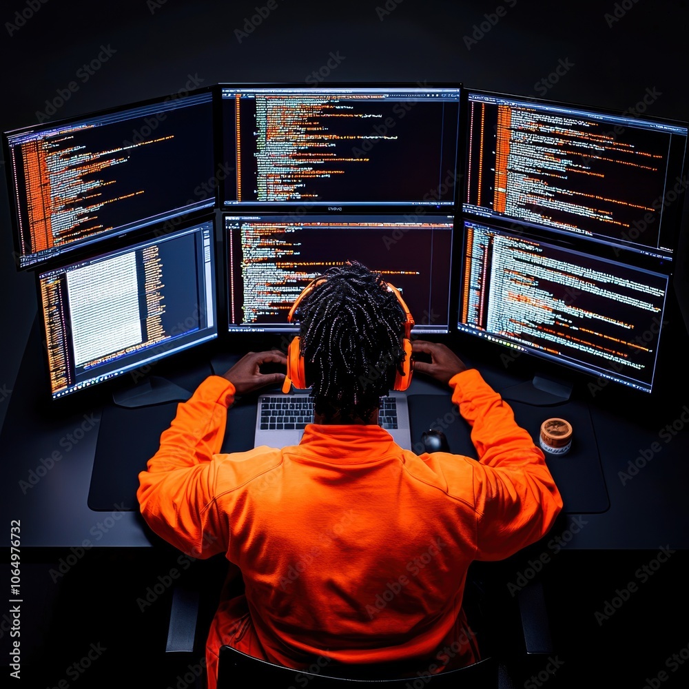 Engineer: An engineer coding on multiple screens, creating the software ...