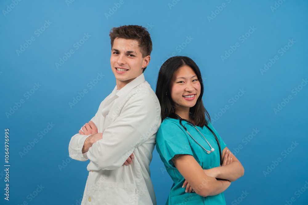 Confident healthcare professionals, male doctor and female nurse ...