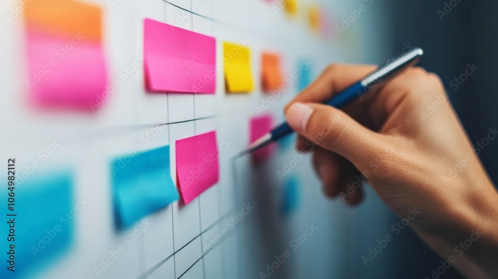 Strategic Planning: Colorful sticky notes on a whiteboard, a hand ...