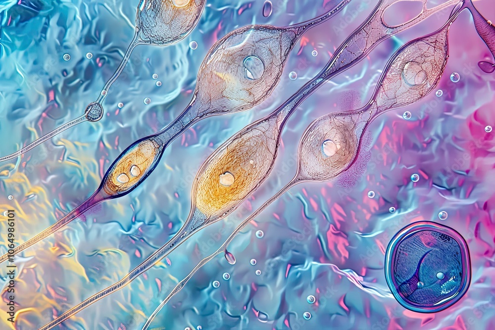 Colorful microscope shot of spermatogenesis stages, cellular details ...