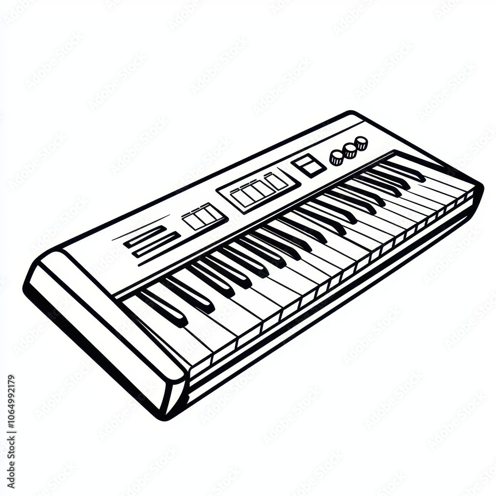 Simple Line Art of a Musical Keyboard with Visible Keys and Controls ...