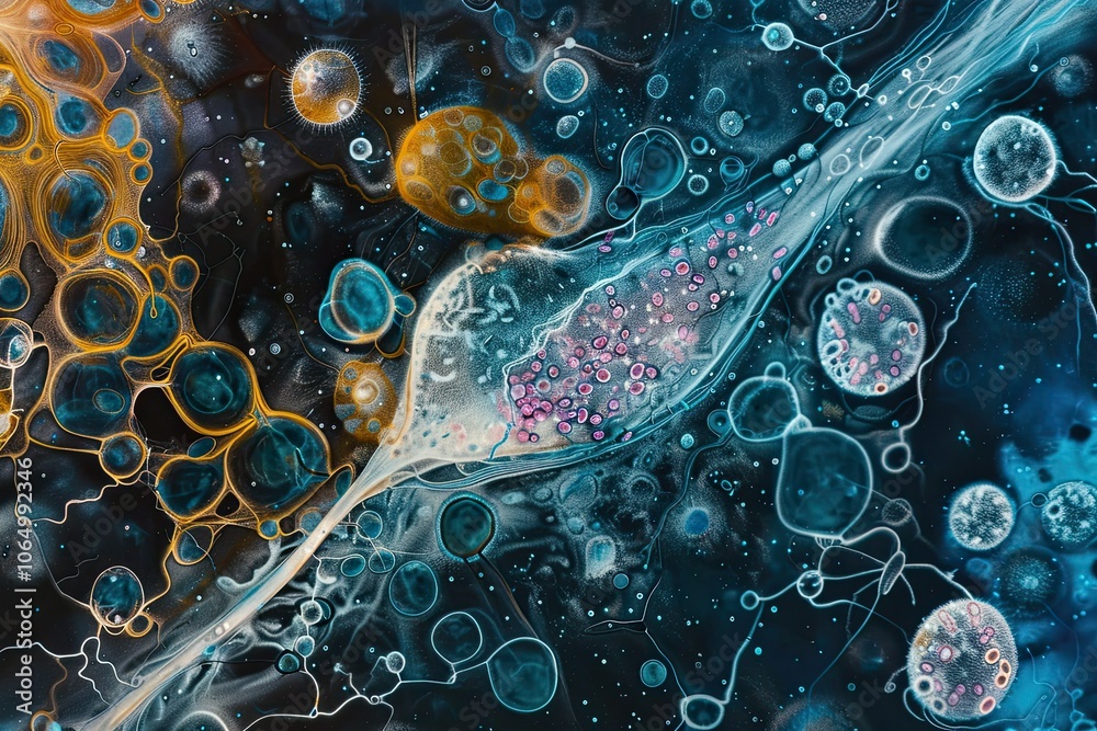 Colorful microscope shot of spermatogenesis stages, cellular details ...