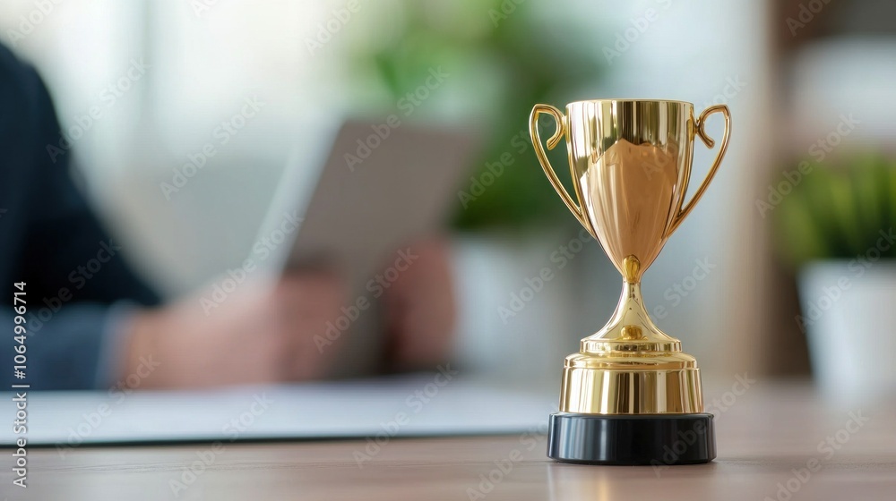 Golden film award trophy on office desk for achievement recognition ...