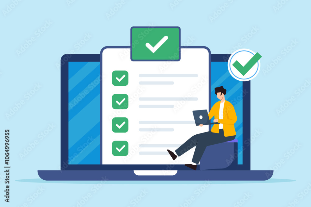 Flat illustration of remote worker complete business checklist on ...