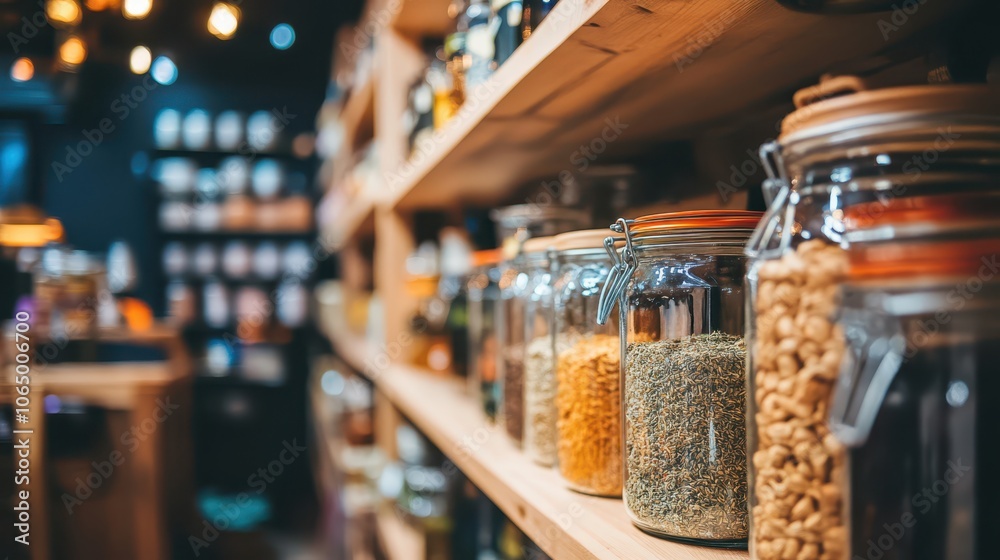 Warehouse-like storage with rows of glass jars filled with grains and ...