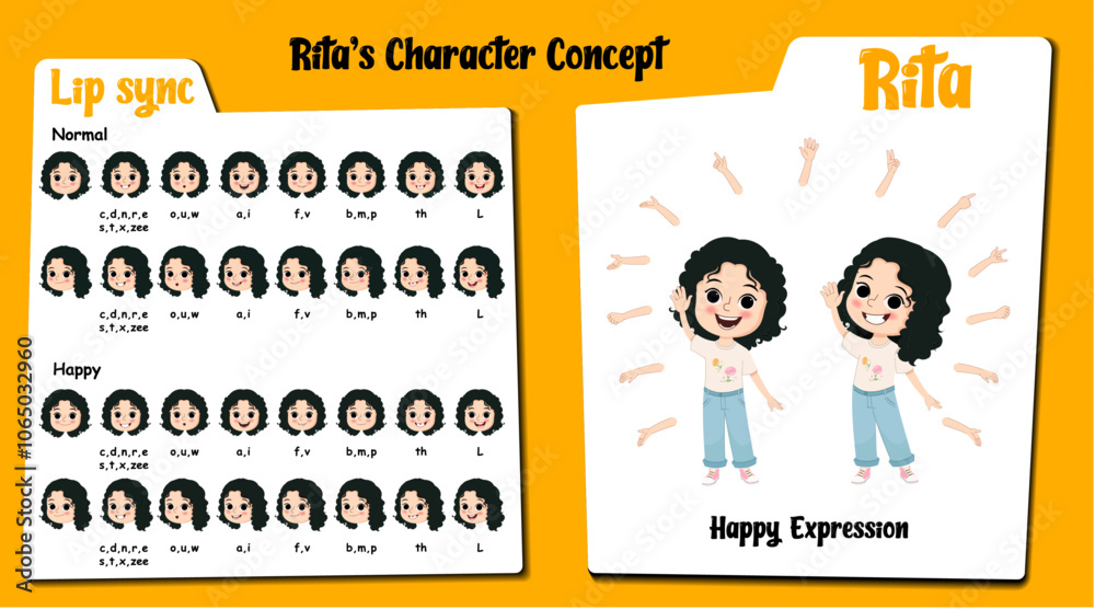 Happy girl cartoon character. Girl face lip sync vector set. Excited ...