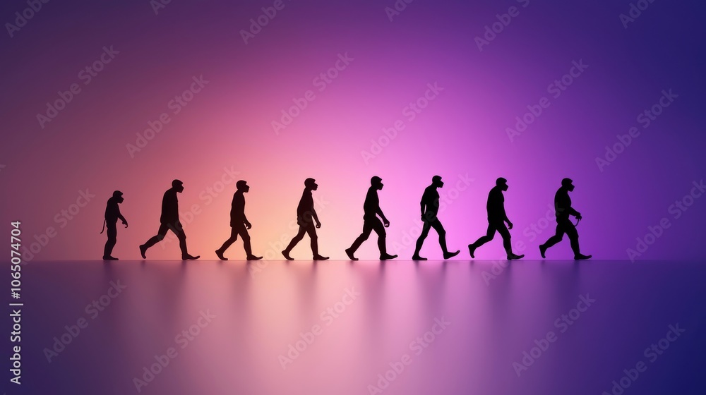 Silhouettes of different evolutionary stages, from ape to modern human ...