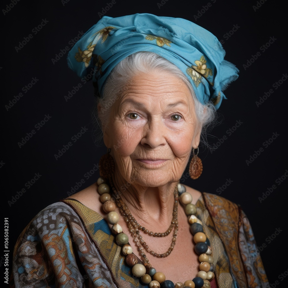 British old woman in traditional outfit with kind expression against a ...
