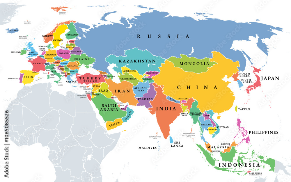 Eurasia, political map with individually colored states. Largest ...