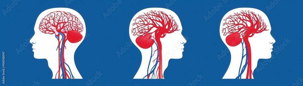 The image depicts three profiles showing the human brain and vascular ...