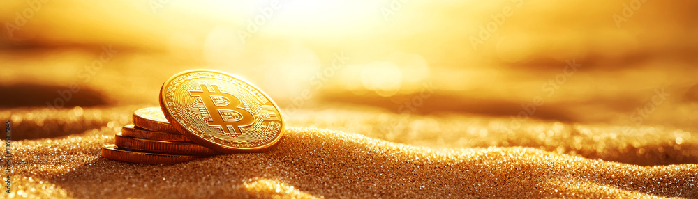Ancient gold coins buried in sand, symbolizing hidden treasure, buried ...