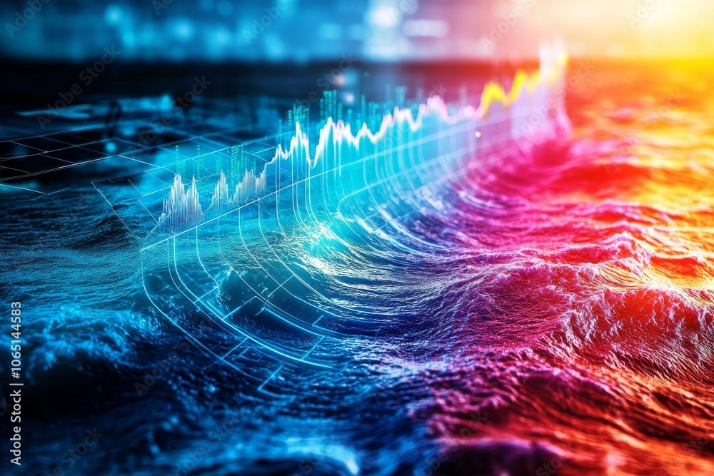 Abstract Digital Visualization of Seismic Waves in a Futuristic Data Stream with Dynamic Red and ...