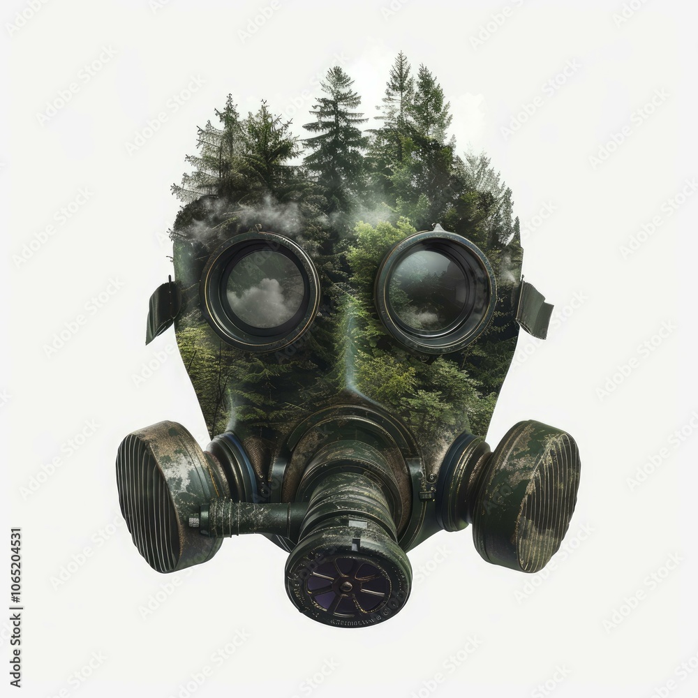 Surreal double exposure image showing a gas mask protecting a forest ...