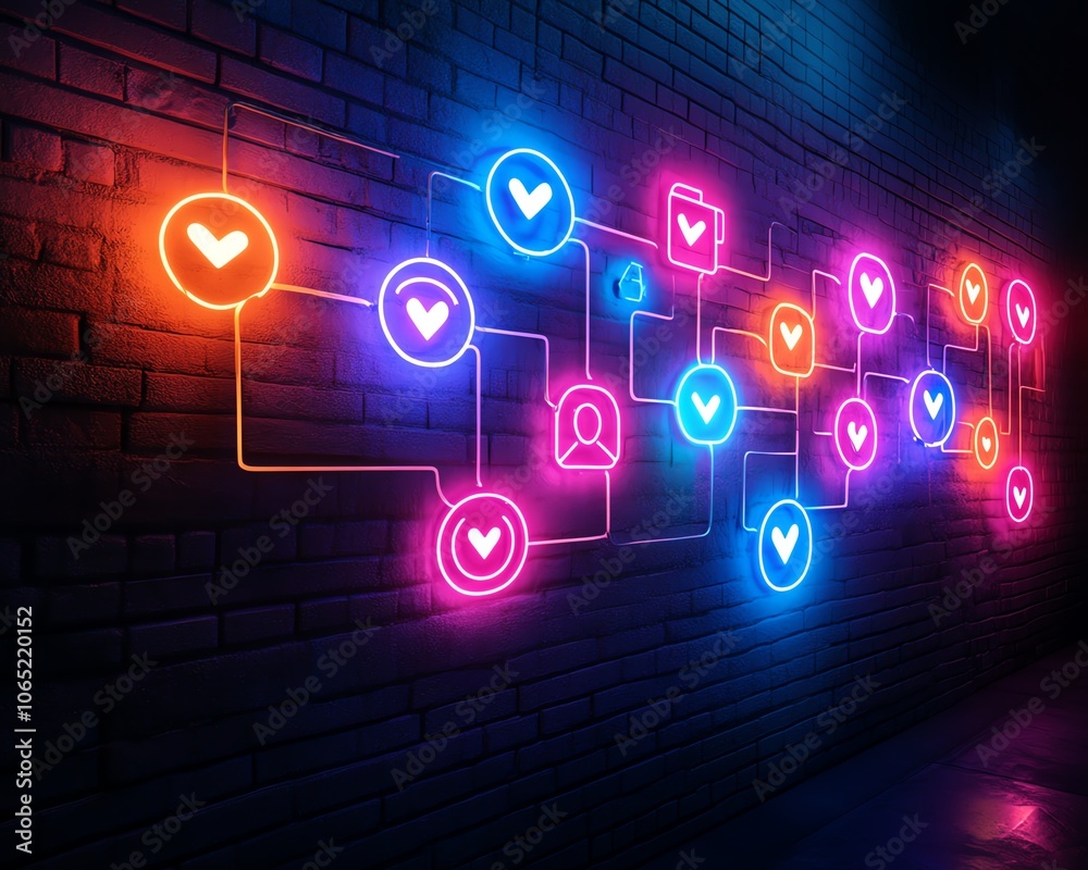 Neon signs with interconnected profile icons, glowing in vivid colors ...