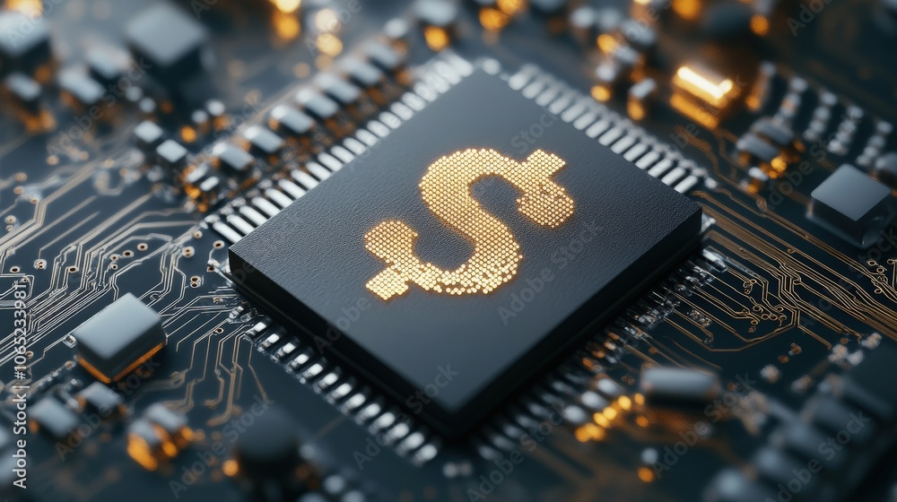 Close-up of a dollar symbol illuminated on a computer microchip ...