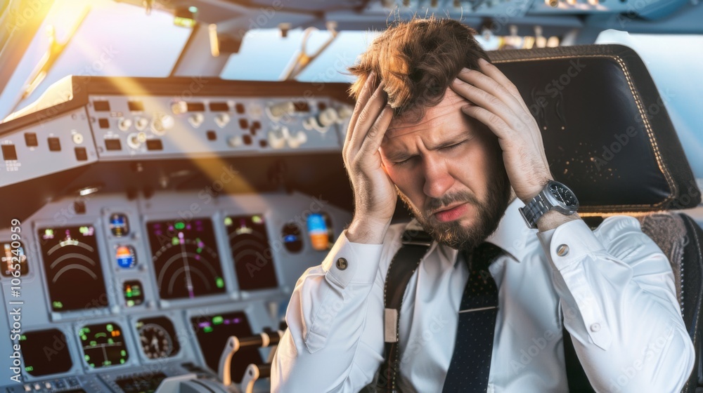 Pilot sitting frustrated in cockpit, holding head, showing stress of ...