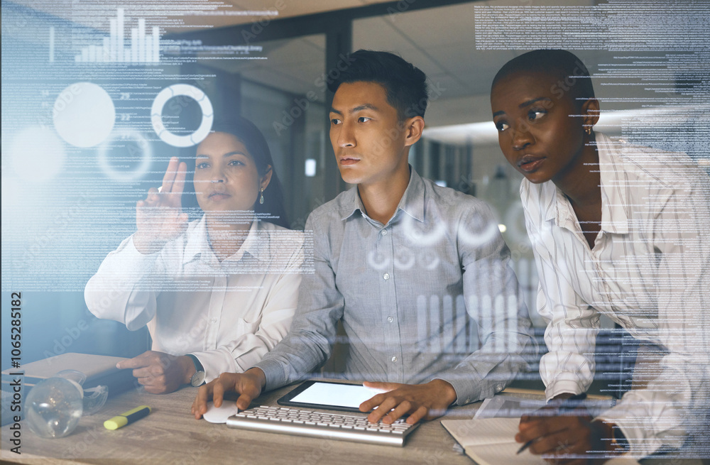 Data, overlay and team of business people in office for problem solving system in future ...