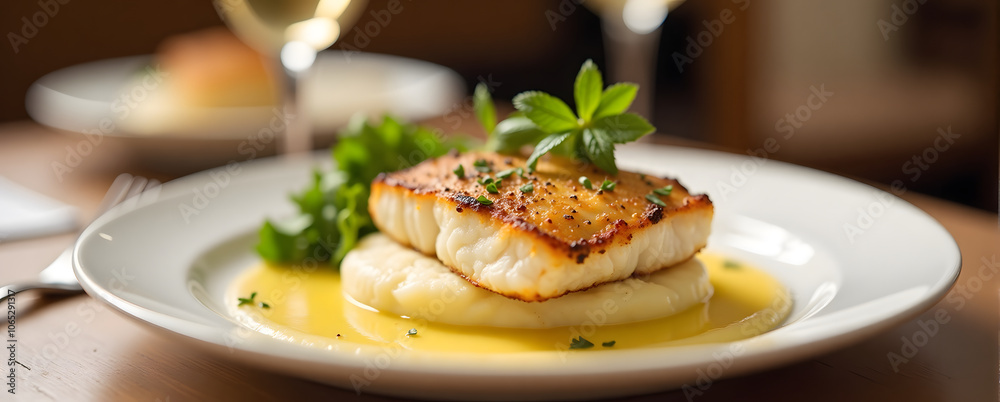Gourmet grilled fish on creamy mashed potatoes with herb garnish and ...