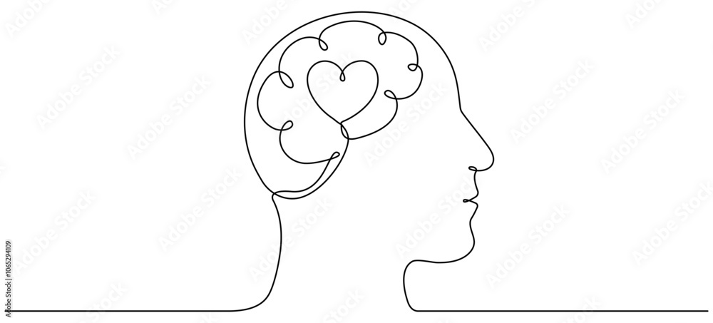 Human brain and heart inside head continuous line drawing. Rationality ...
