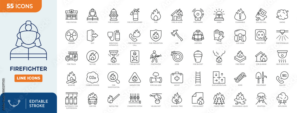 Firefighter line editable icon set. Fire department symbol with fire ...