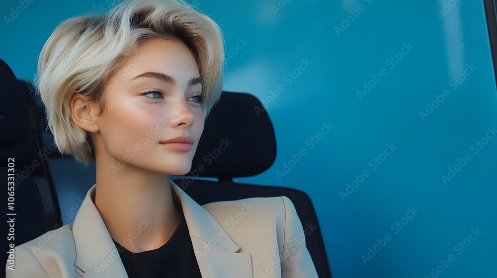 Photography of a young woman sitting on an isolated bus chair with a ...