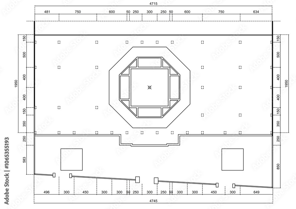 2D top view floor plan of a dome-roof structure with detailed notations ...