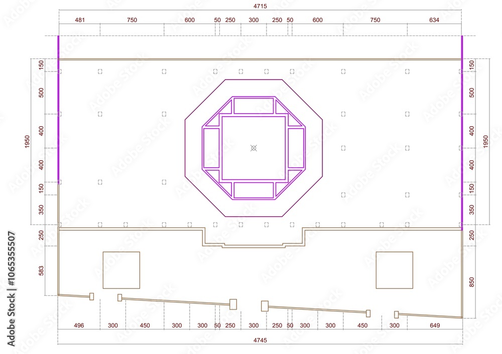 2D top view floor plan of a dome-roof structure with detailed notations ...