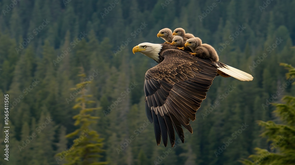Bald eagle flying with eaglets on back, wildlife photography ...