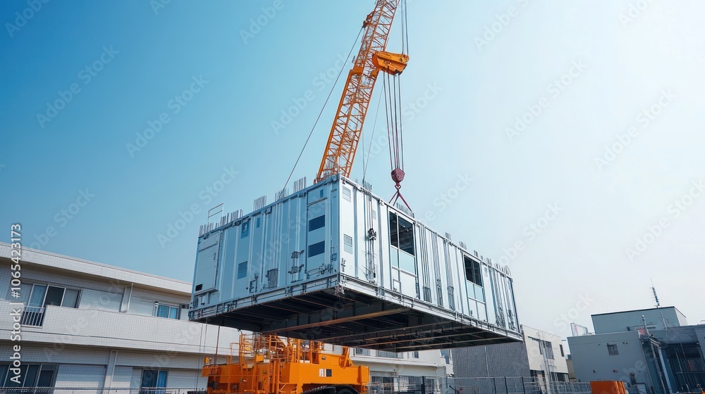A large crane lifts a modular building unit against a blue sky ...