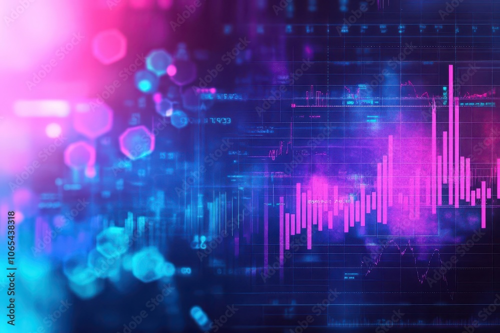 Hightech stock market dashboard in watercolor style, vibrant data streams and bar charts ...