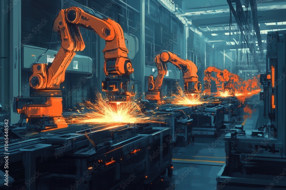 Robot Factory: A high-tech factory floor with assembly lines of robots ...