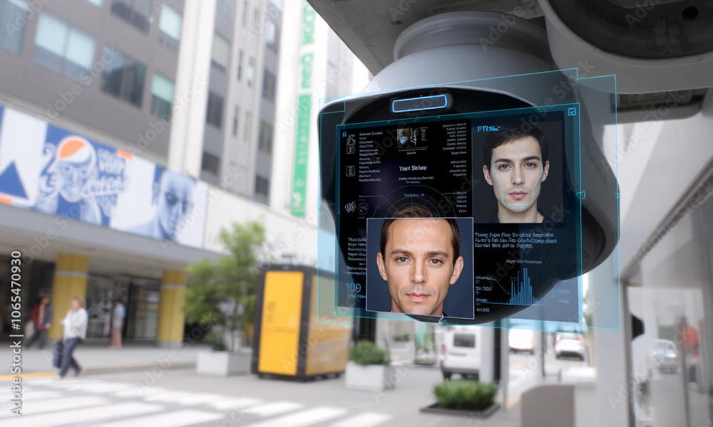 AI-powered security camera with facial recognition features displaying data overlays that ...