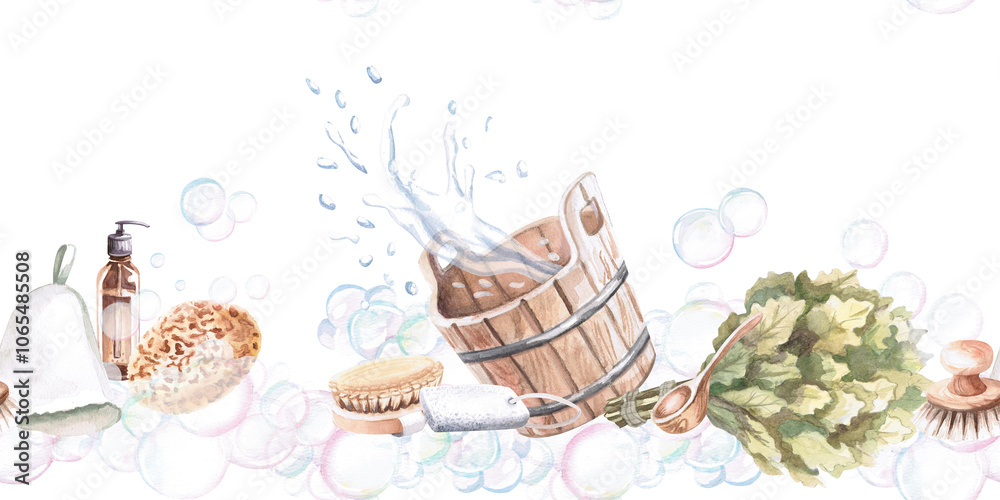 Seamless border with a tub of water splashes. Isolated watercolor ...