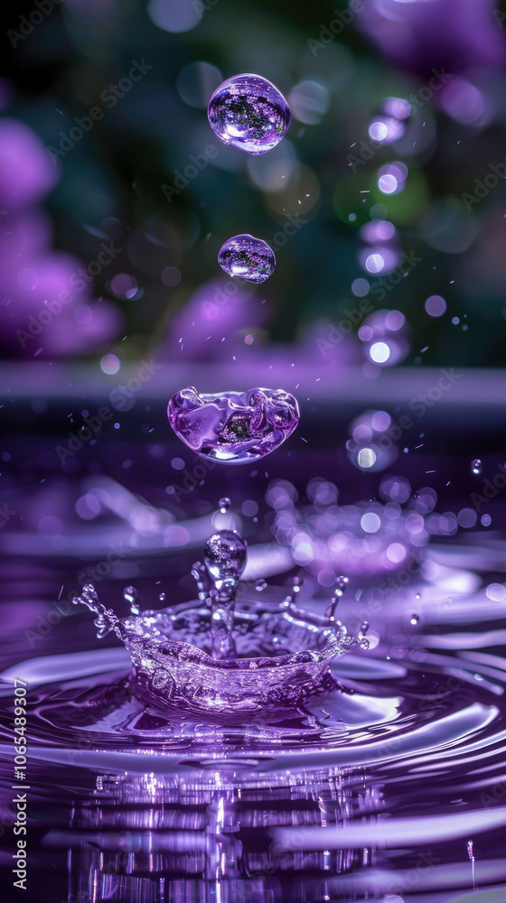 Vibrant close-up of purple tent drops captured mid-splash with a bokeh ...