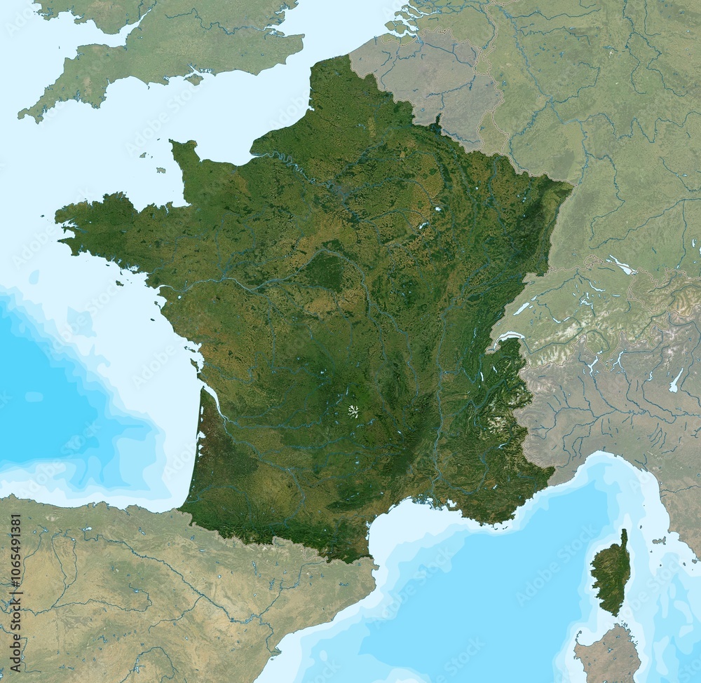 Blank isolated physical satellite map of France Stock Photo | Adobe Stock