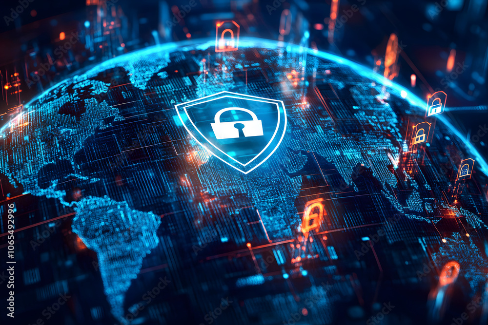 Cybersecurity shield icon over digital world map, global data protection concept, network ...