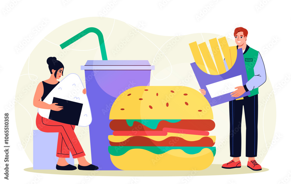 People with fast food. Man with fries and woman with drink near huge ...