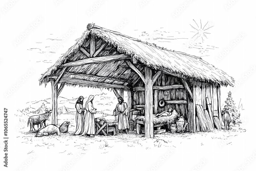 Nativity illustration depicting the birth of Jesus in a rustic wooden ...