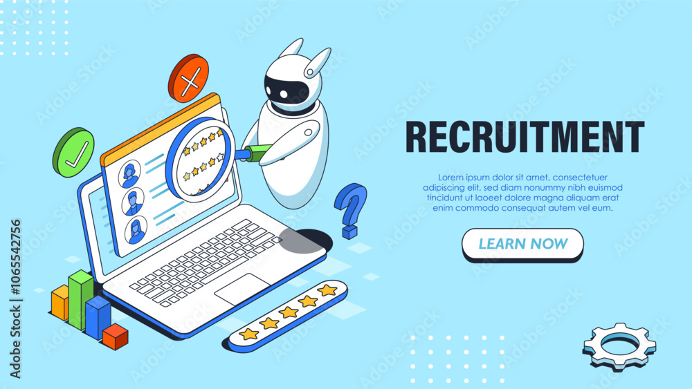 Isometric recruitment poster. Bot with magnifying glass near laptop ...