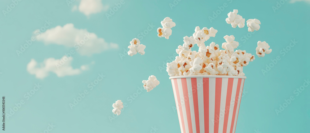 Popcorn floating like clouds from a pink and white striped container ...