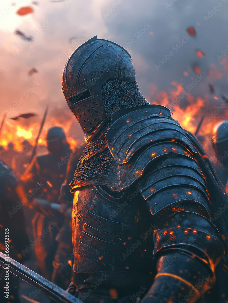 Epic Magitech Battle Scene on Fiery Battleground Stock Illustration ...