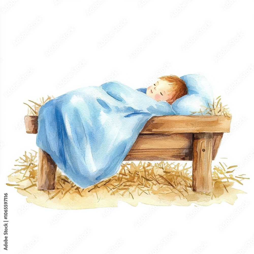 Jesus in a wooden cradle with soft hay clipart, nativity detail, gentle ...