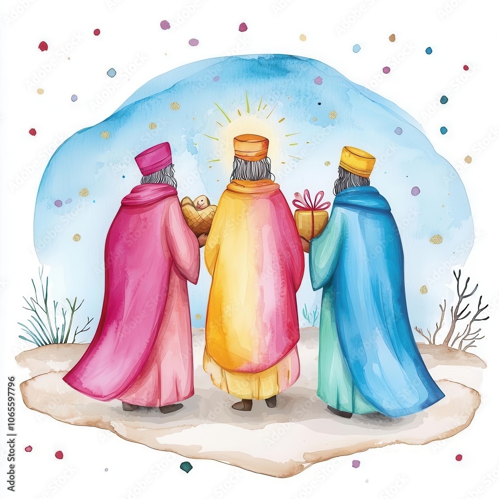 Three Wise Men bearing gifts clipart, nativity scene, watercolor style ...