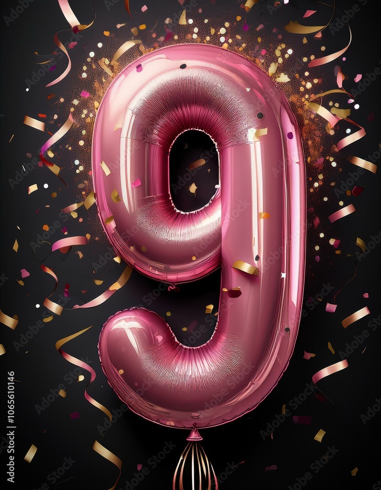 Pink birthday / anniversary balloon, number 9, black background with ...