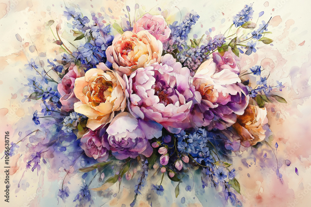 Romantic Garden Symphony: An Enchanting Bouquet of Peach Roses, Purple ...