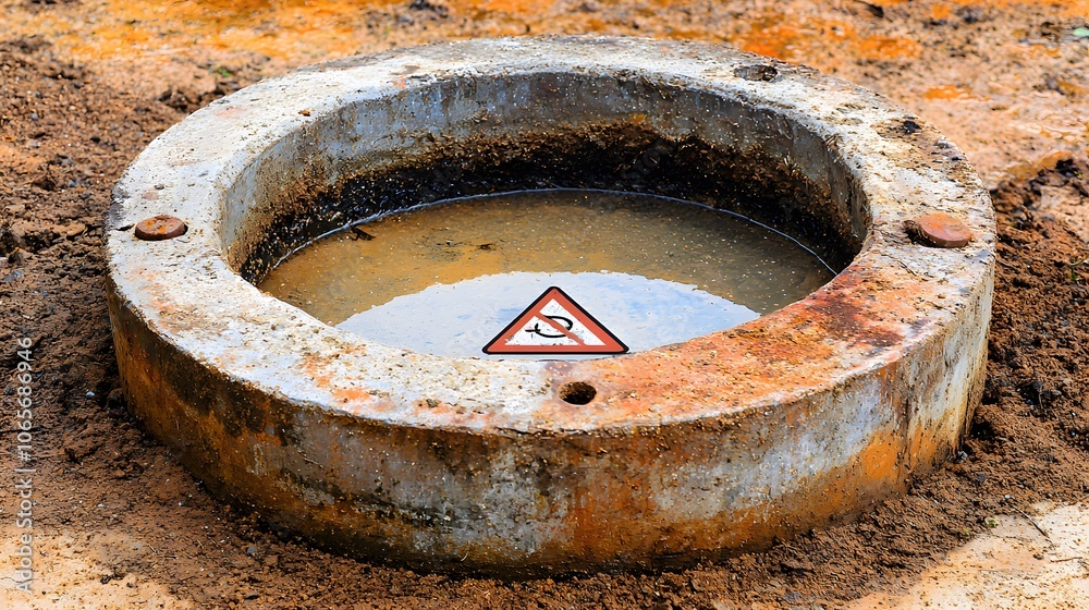 Contaminated Well :water pollution. A well with a warning sign ...