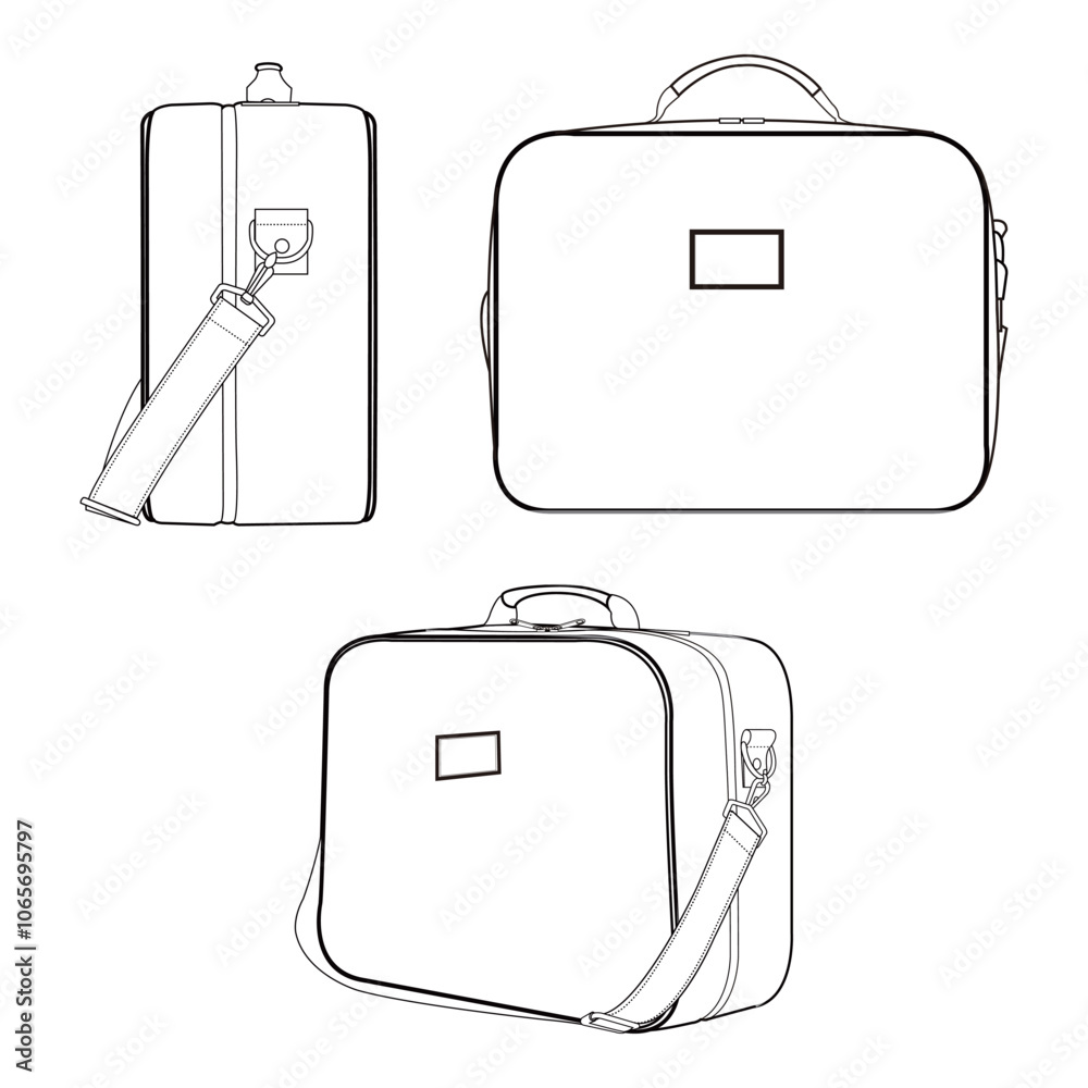 Three-view line drawing of a shoulder bag with handle, shoulder strap ...