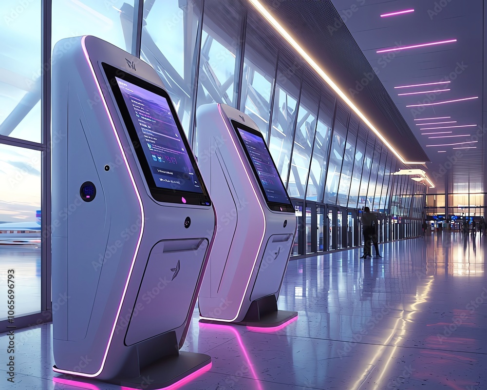 Airline check-in kiosk with touchscreen display Self-service kiosks in modern airport terminal ...
