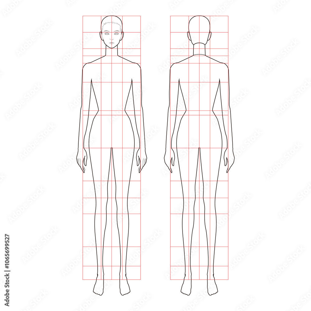 Female Body Outline with Proportions Grid Technical Drawing Stock ...