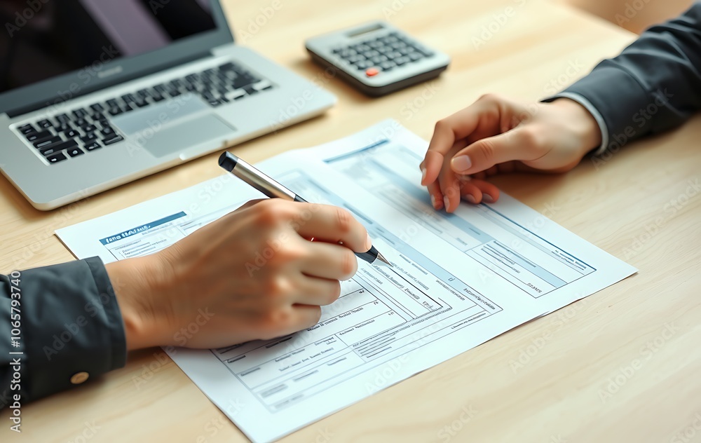 Deduction planning concept. Asian young woman hand using calculator to ...